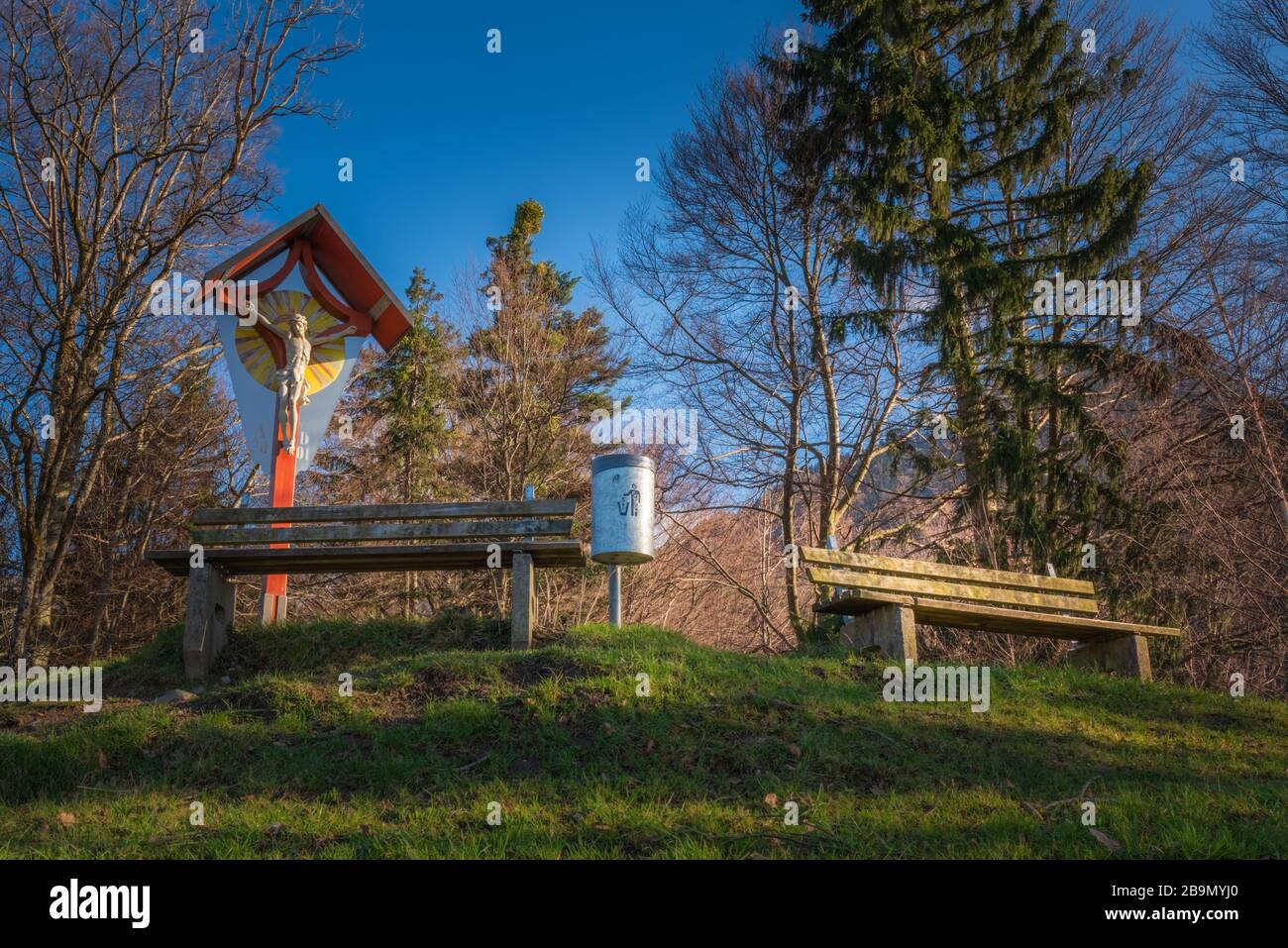 Park benches,trees and a statue Stock Photo - Alamy