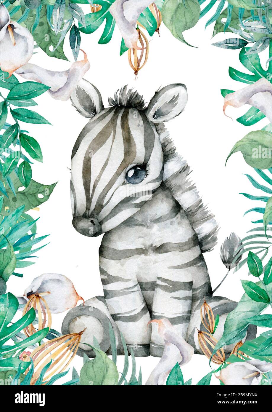 Watercolor cartoon isolated cute baby zebra animal with flowers ...