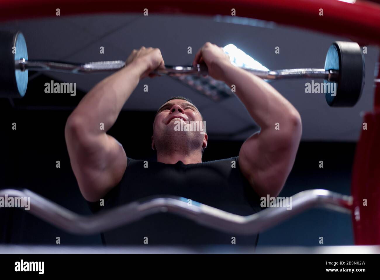 Hard Core Bodybuilding. Muscular athletic bodybuilder fitness model training arms with dumbbells ...