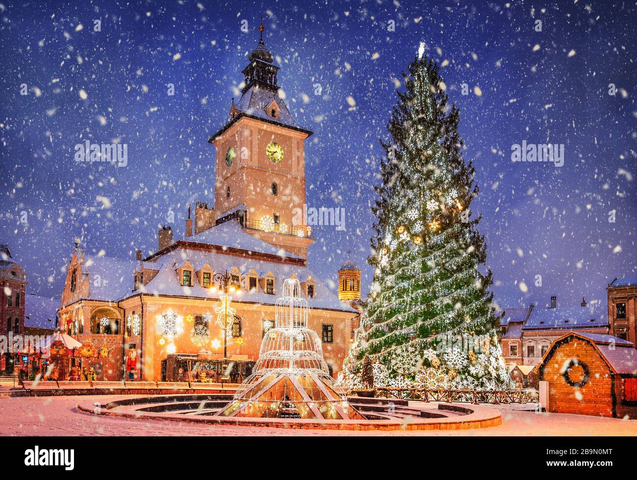 Christmas market and decorations tree in center of Brasov town ...