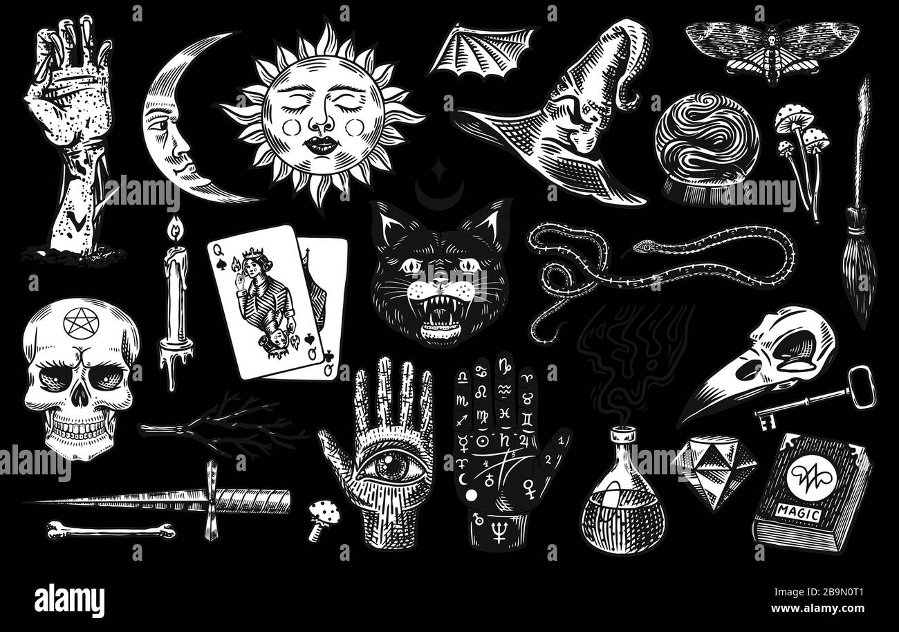 Mystical magic boho elements. Witchcraft astrological set. Esoteric ...