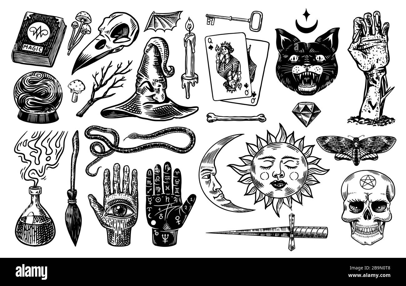 Mystical magic boho elements. Witchcraft astrological set. Esoteric ...