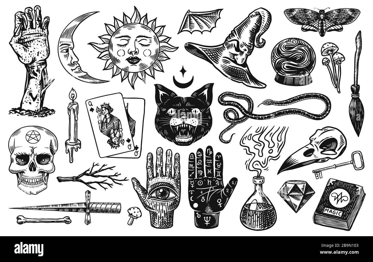 Mystical magic boho elements. Witchcraft astrological set. Esoteric ...