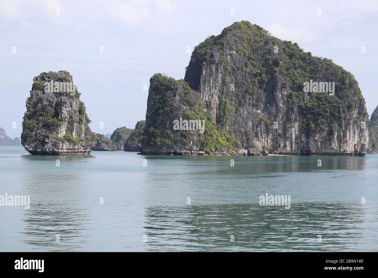 LARGE TOWERING LIMESTONE ISLANDS TOPPED BY RAIN FOREST IN HALONG BAY ...