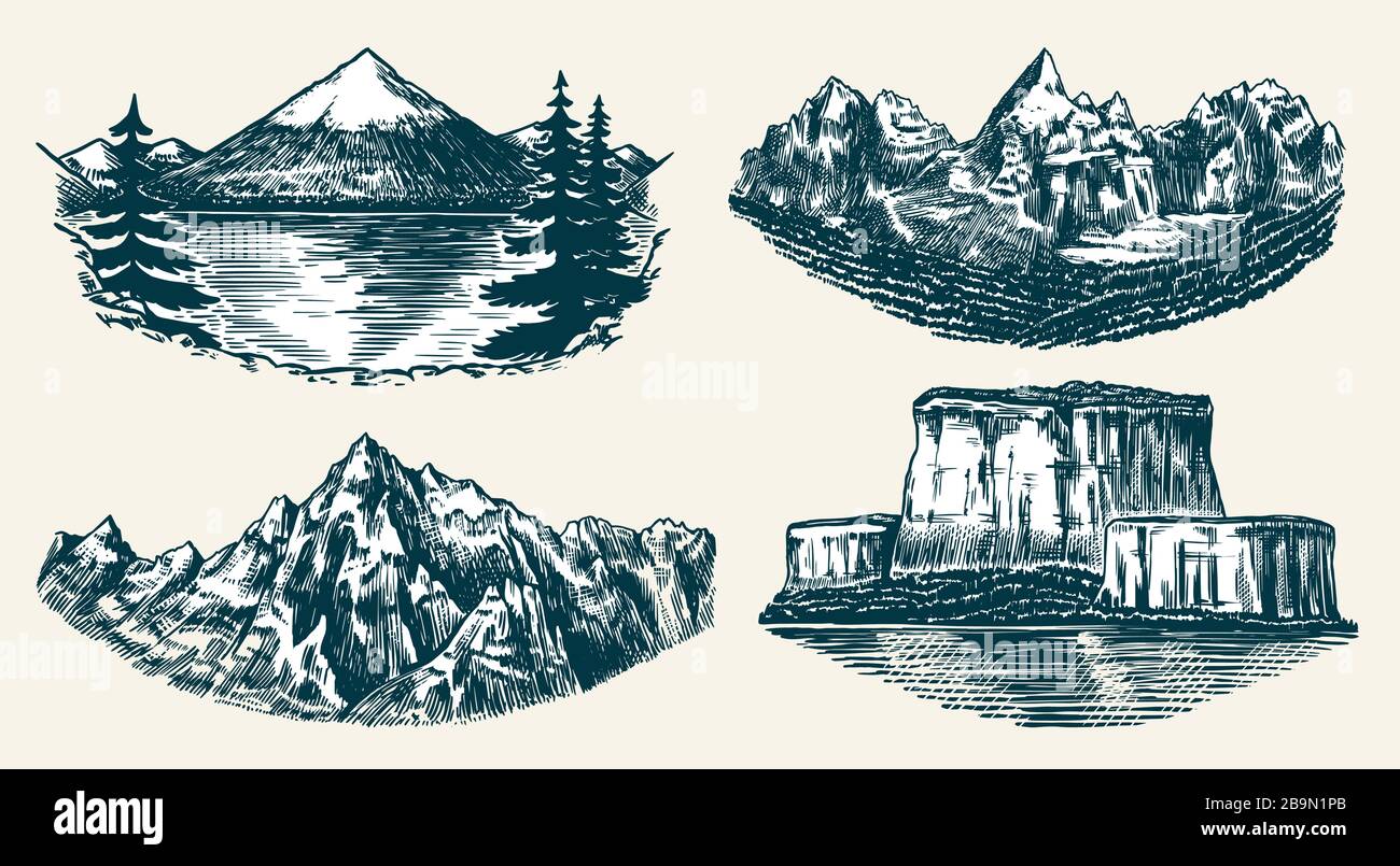 Set of mountains peaks, vintage rock, old highlands range. Hand drawn ...