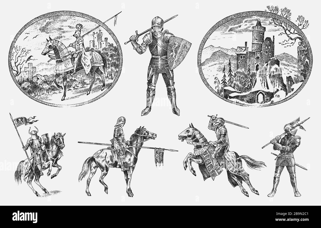 Medieval armed knight in armor and on a horse. Historical ancient ...