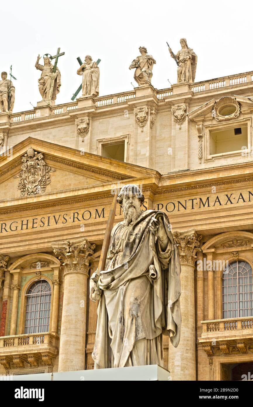 Statue of Apostle Paul in front of the St Peter`s Basilica, Vatican ...