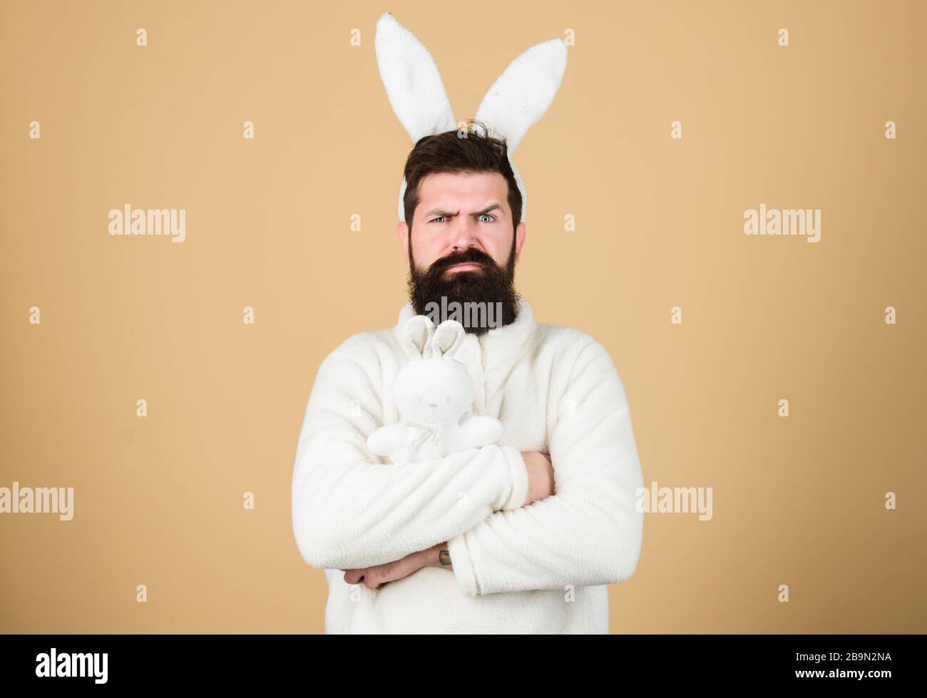 Guy bearded hipster weird bunny with long white ears beige background ...