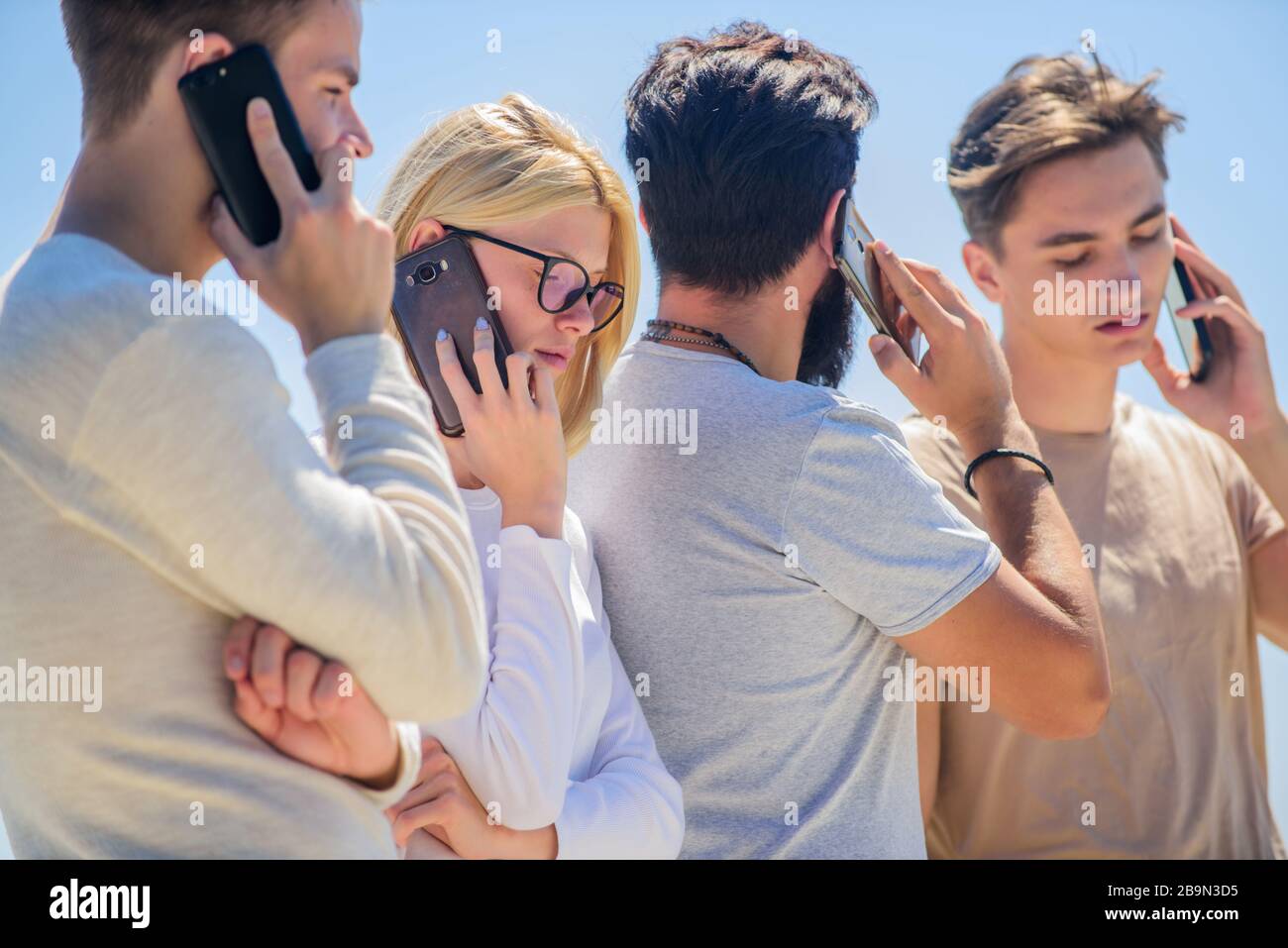 Gadgets for communications. Mobile phone conversation. Friends chatting ...
