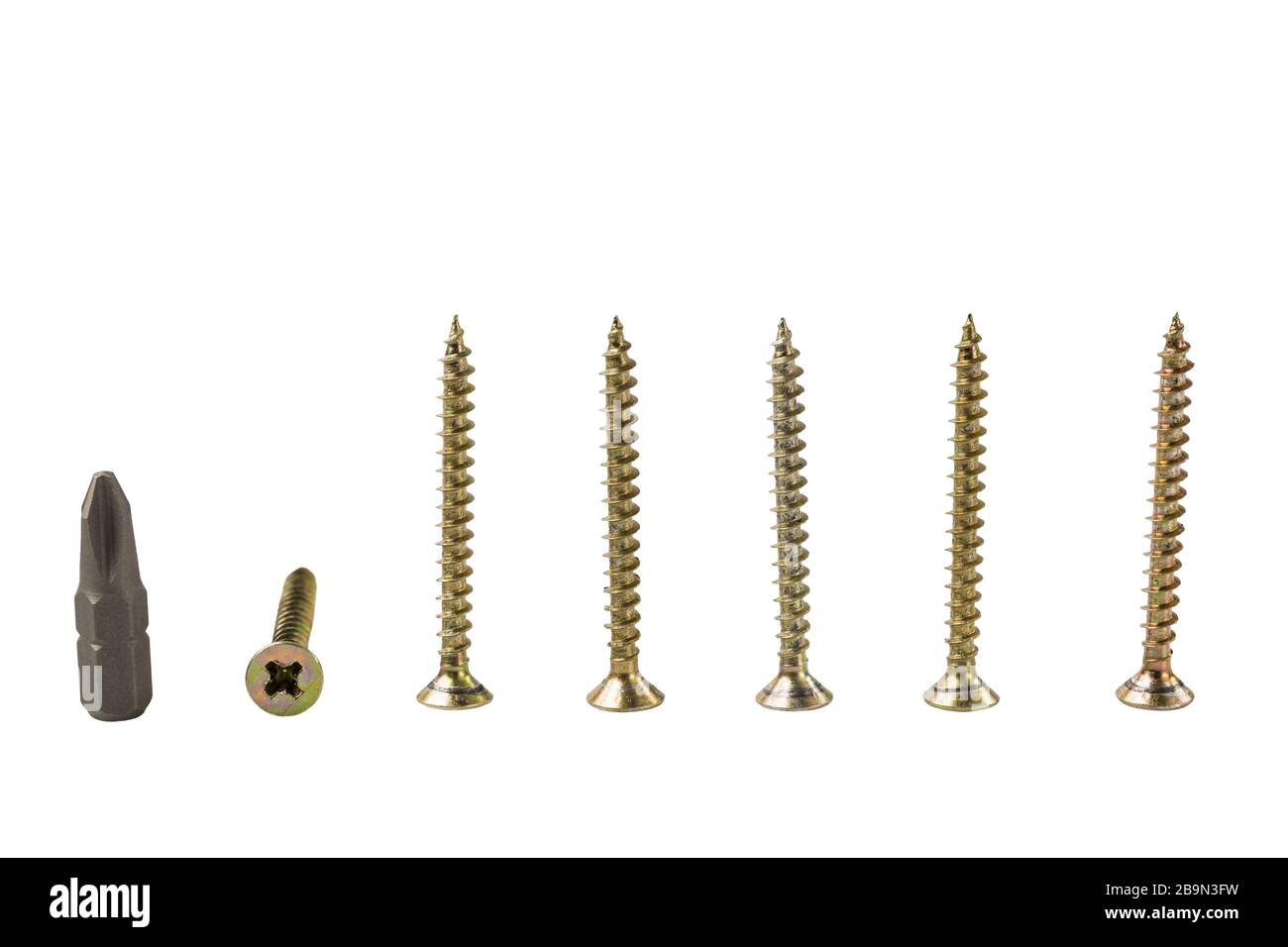 Close up view of screws and cross magnetic bit isolated. Industrial ...