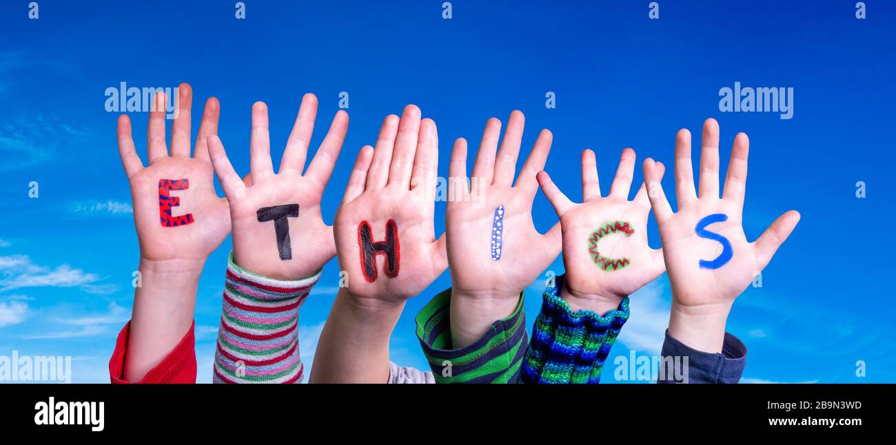 Children Hands Building Word Ethics, Blue Sky Stock Photo - Alamy