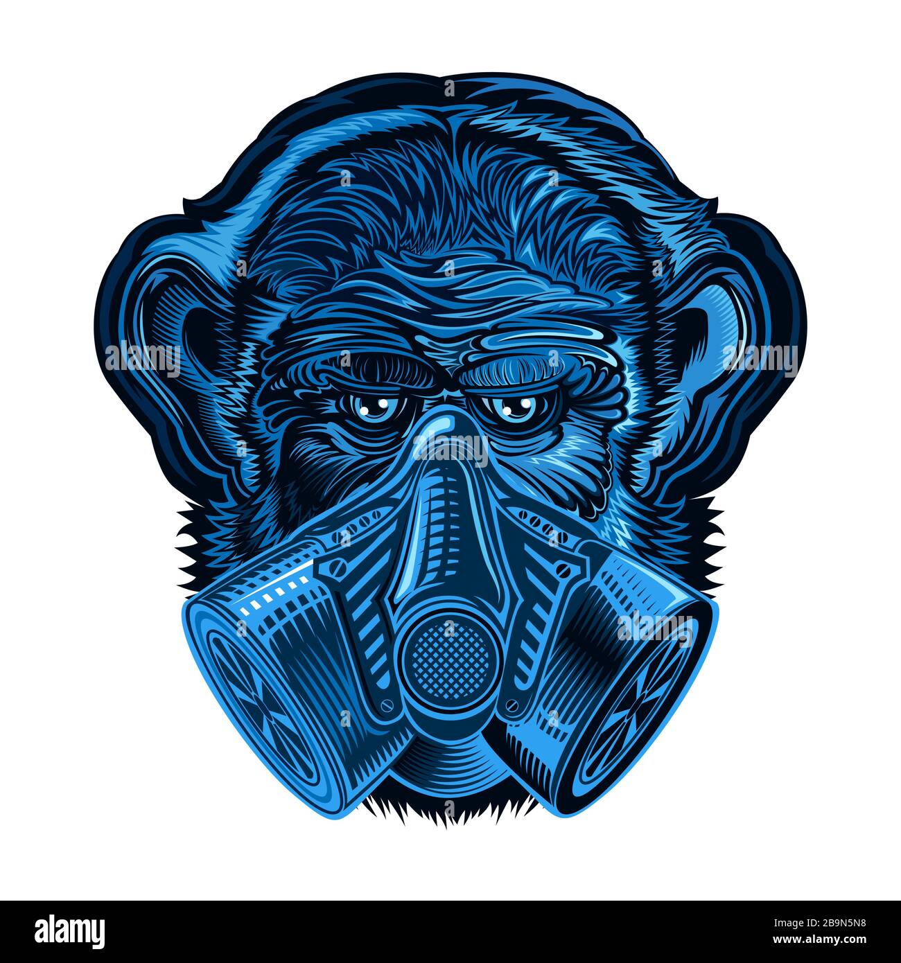 Blue monkey with gas mask on face in engraving style Stock Vector Image ...