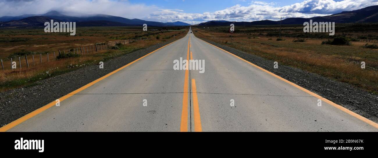 View of the Route 9 road, near Punta Arenas city, Patagonia, Chile ...