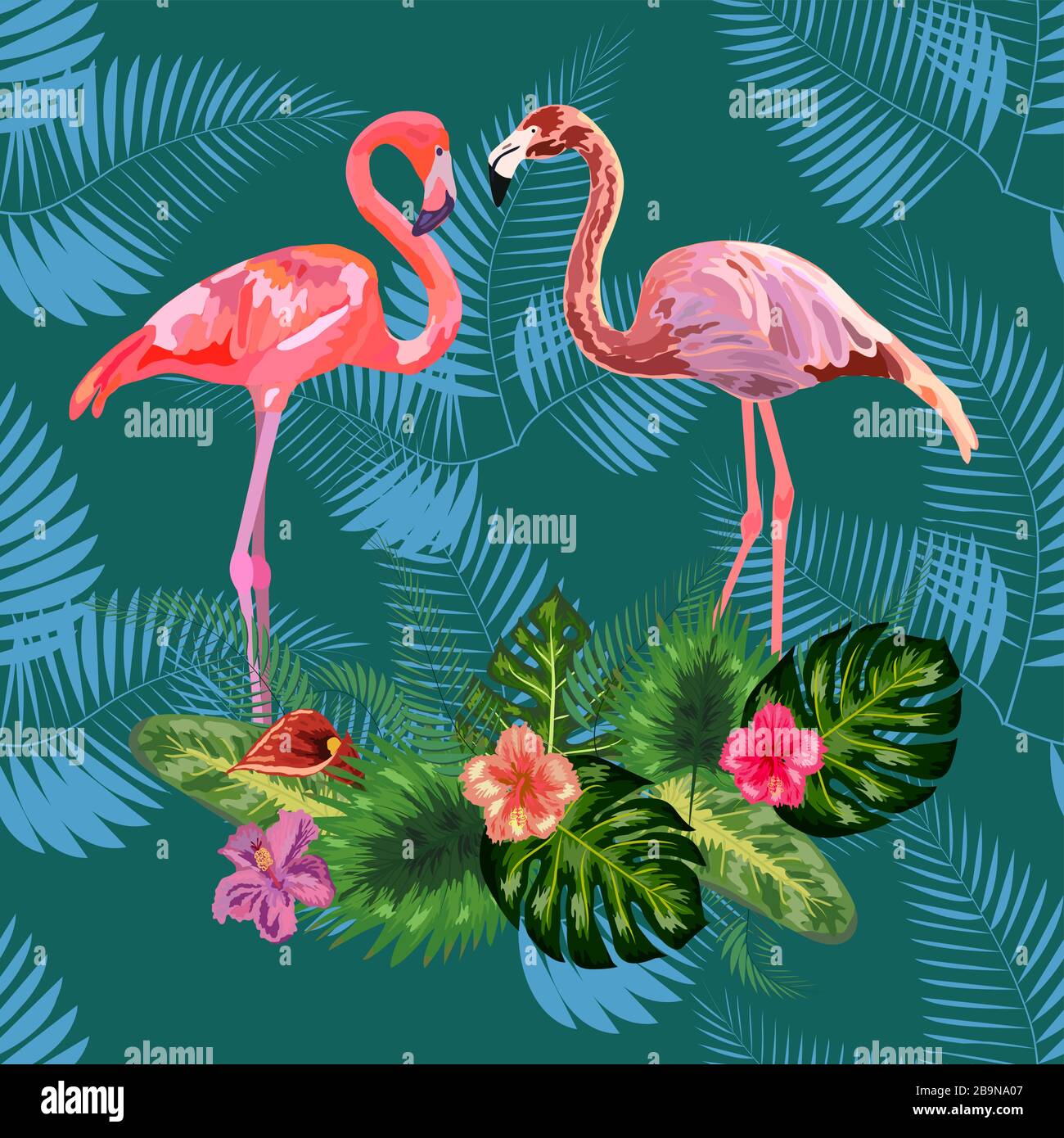 Seamless graphic pattern of flamingos in love among the trees Stock ...