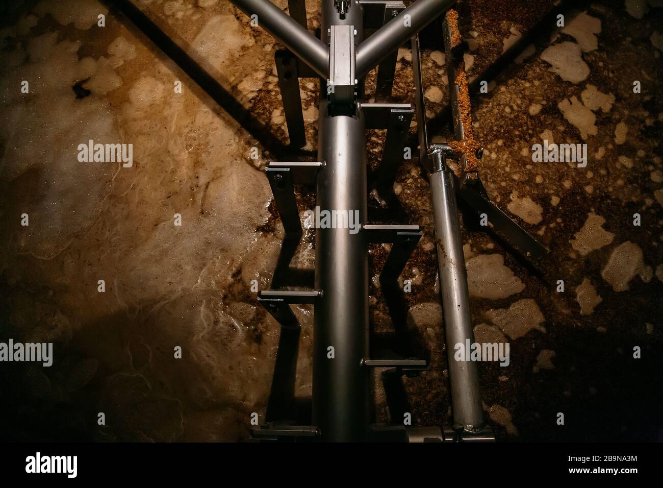 Brewing process. Fermentation and filtration of beer inside the vat ...