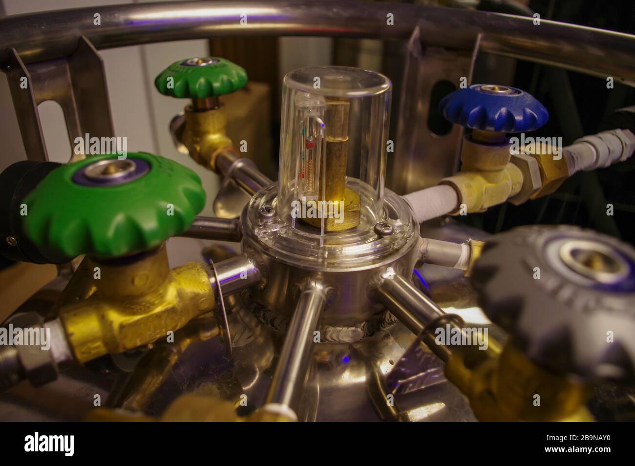 Cryogenic vessel. Pipes and valves. Tanker with liquid nitrogen. Cold ...