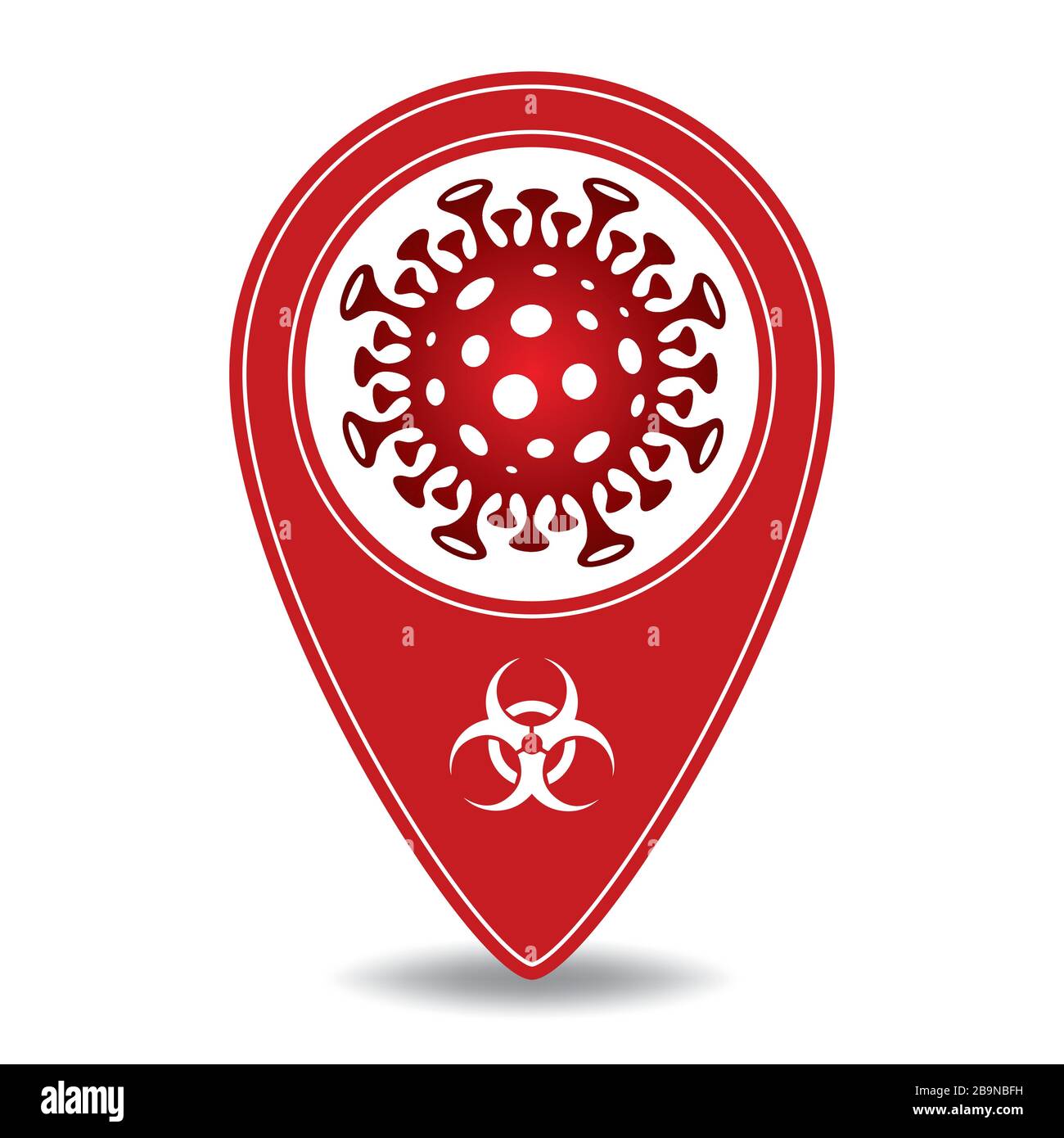 Map pointer with novel corona virus and biohazard symbol. Editable ...
