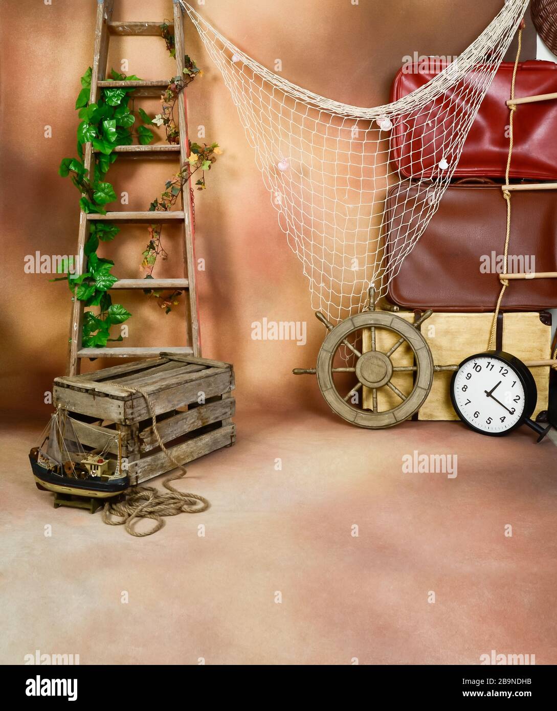 Beautiful maritime decoration with wooden objects and brown colors ...