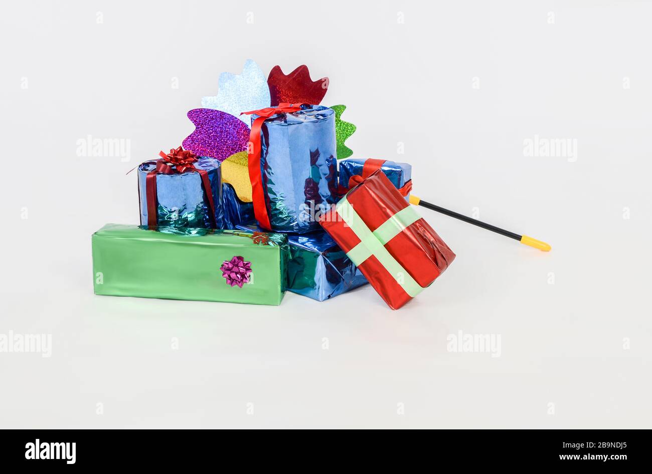 Assortment of colorful gift wrapped packages isolated on white ...