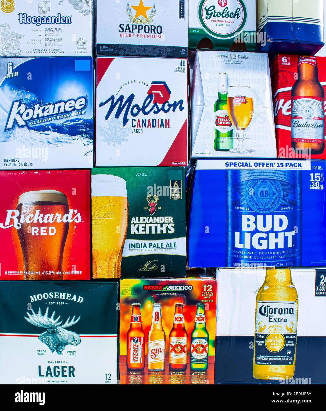 Beer boxes wall at a liquor store Stock Photo - Alamy