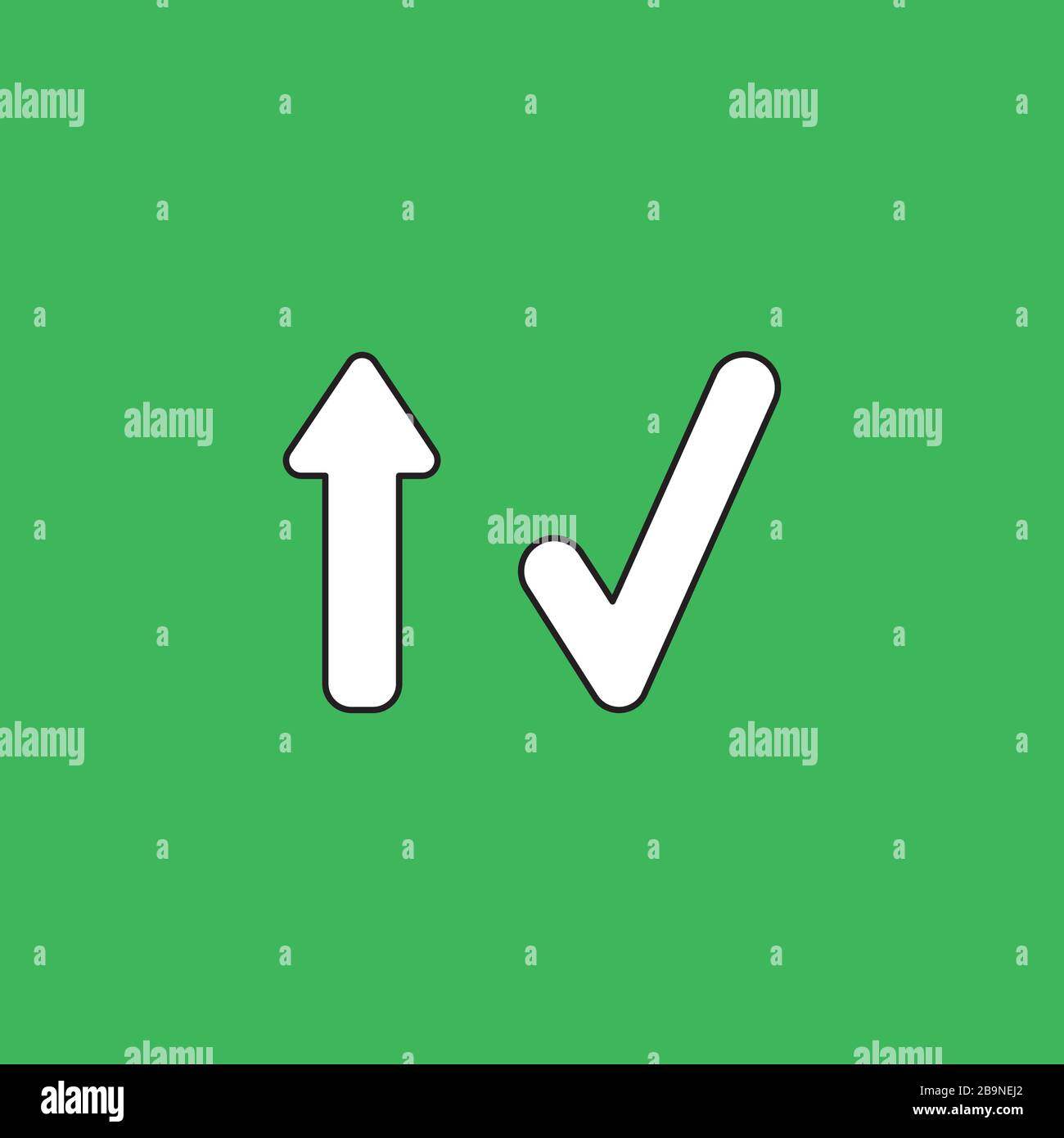 Vector icon concept of arrow pointing up and check mark. White color ...