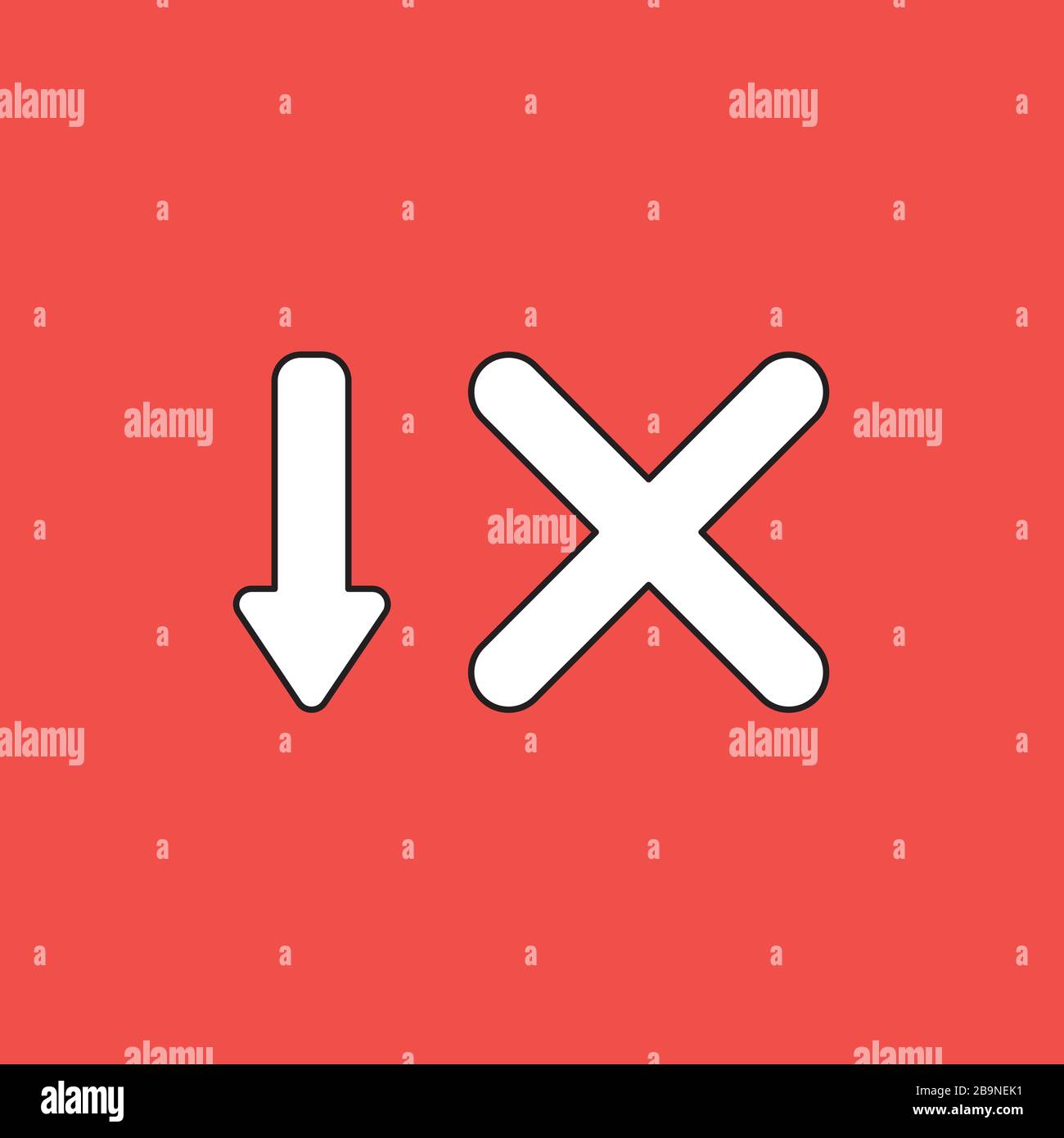 Vector icon concept of arrow pointing down and x mark. White color with ...
