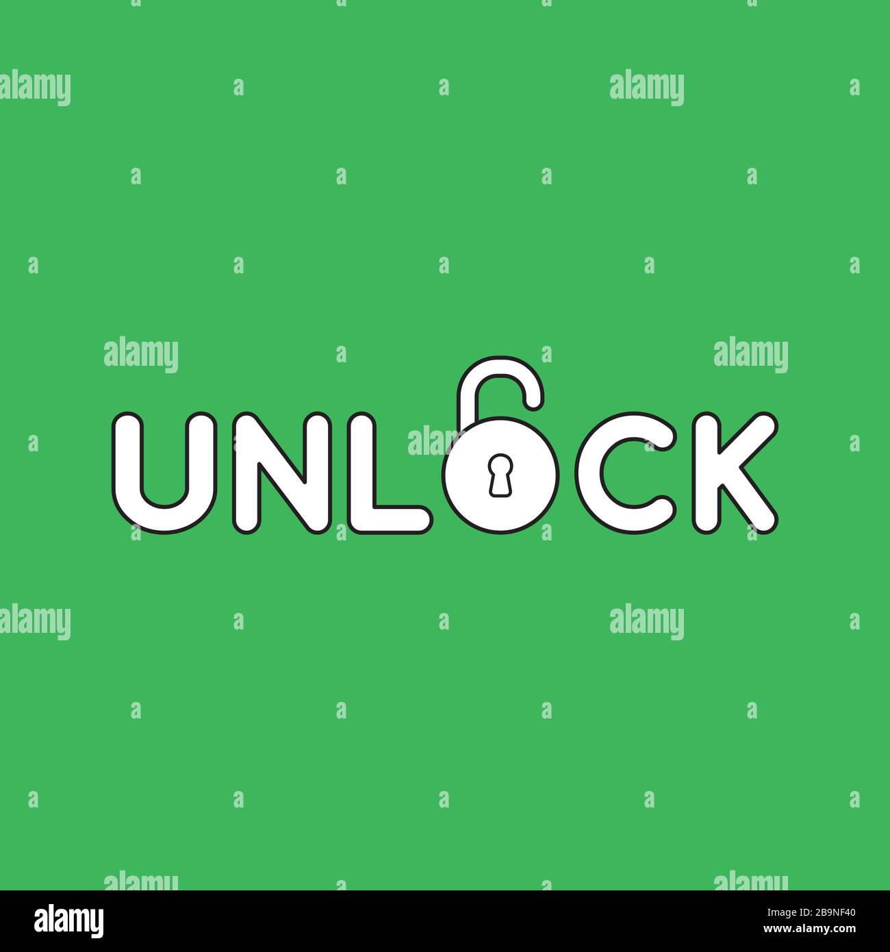 Vector icon concept of unlock text with opened padlock. White color ...