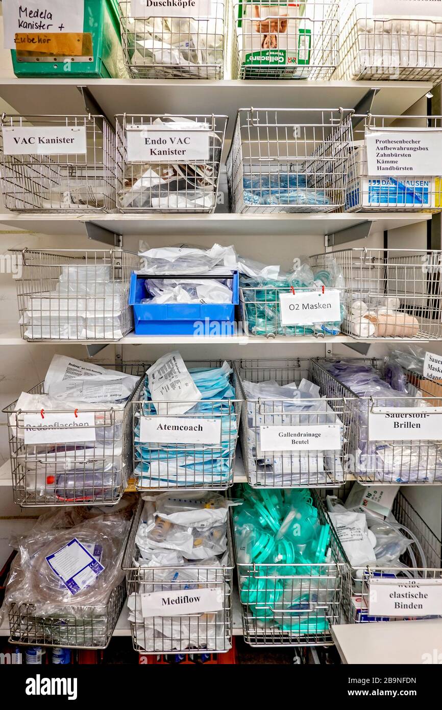 Shelf with medical materials and utensils, storage room in hospital ...