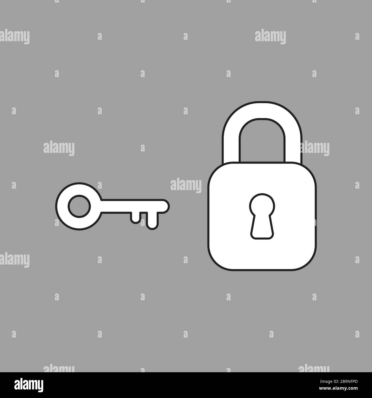 Vector icon concept of locked closed padlock with key. White color with ...
