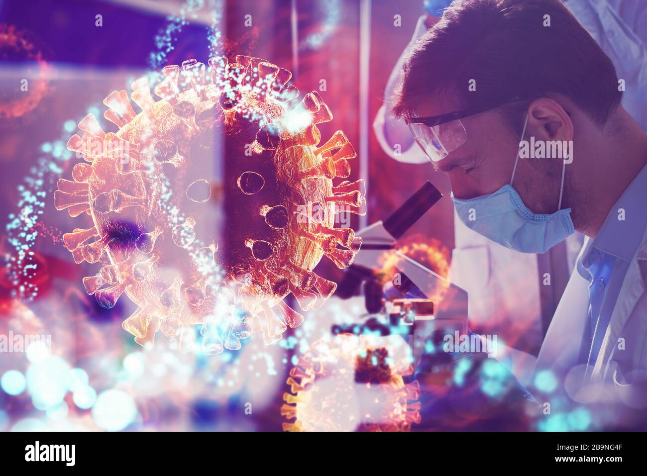 Doctor in the laboratory analyzes samples under a microscope ...