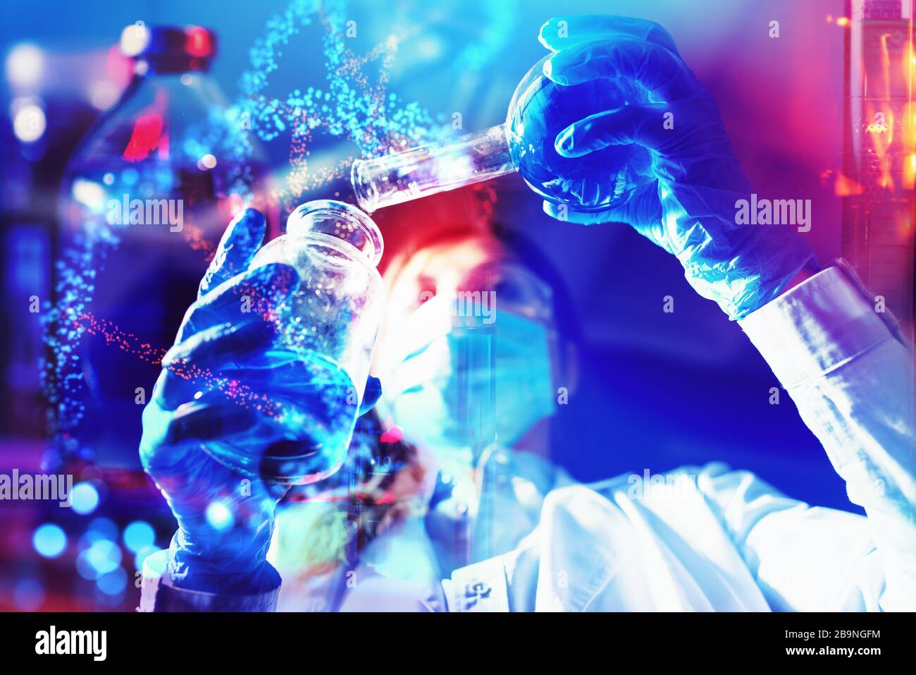 Female doctor in the laboratory performs chemical tests with ampoules ...