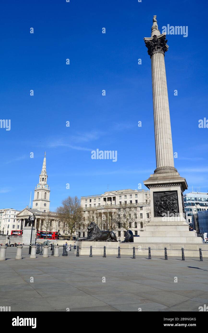 A deserted Trafalgar Square, the day before the London lockdown as a ...