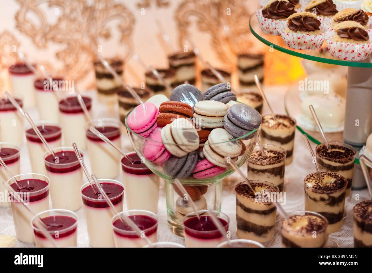 desserts with mousse, biscuits. Different types of sweet pastries ...