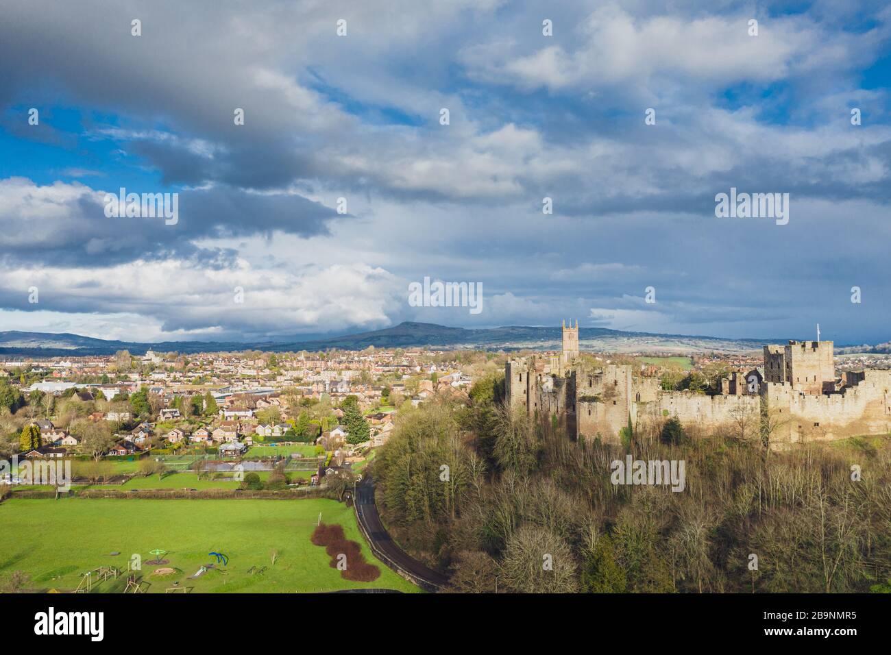 Aerial view over Ludlow Castle and historic town in Shropshire, UK ...