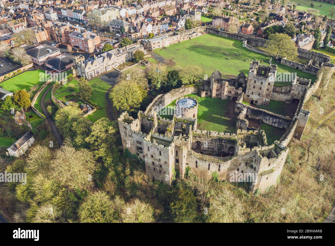 Top down aerial view over ruins of medieval fortification - Ludlow ... Top down aerial view over ruins of medieval fortification - Ludlow ...