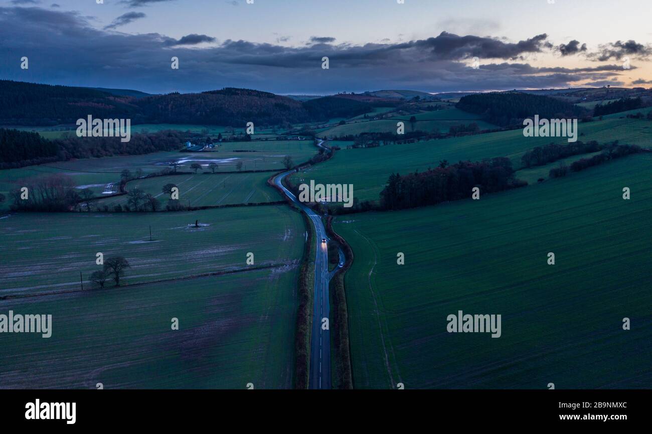 Aerial view over scenic countryside at sunset in Shropshire ,United ...