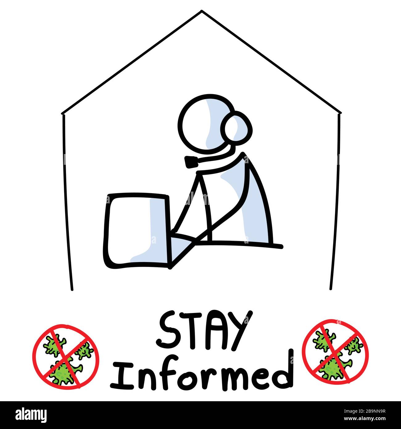 Corona virus kids cartoon stay informed cute stick figure laptop ...