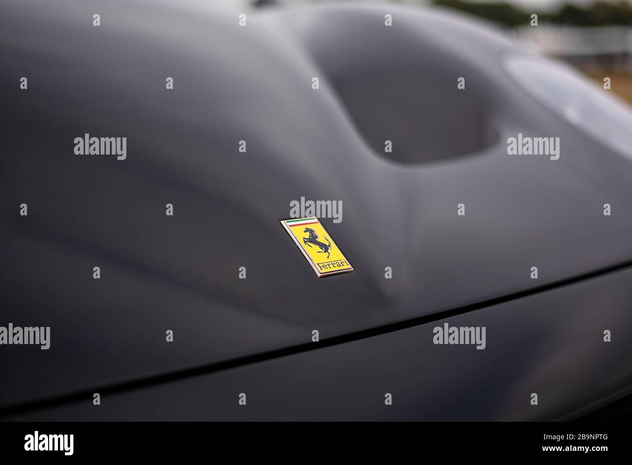 Close up of the famous Ferrari badge with prancing horse on the bonnet ...