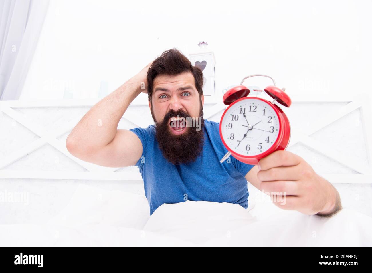 Get Up Right Now What Time Is It Stressed Man Alarm Clock Sleepy Man