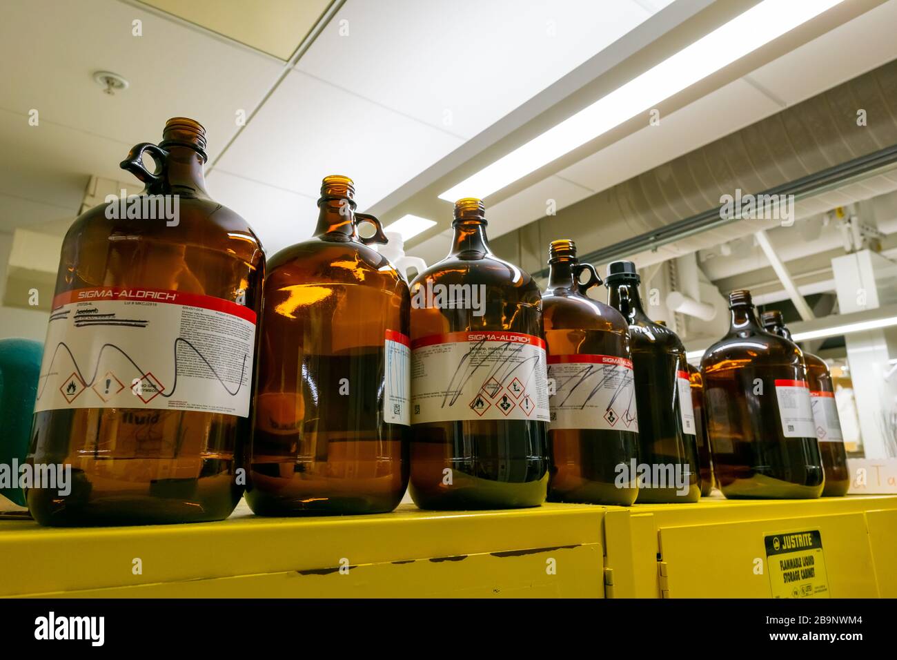 Cambridge MA USA - circa March 2020 - Empty solvent bottles in a ...