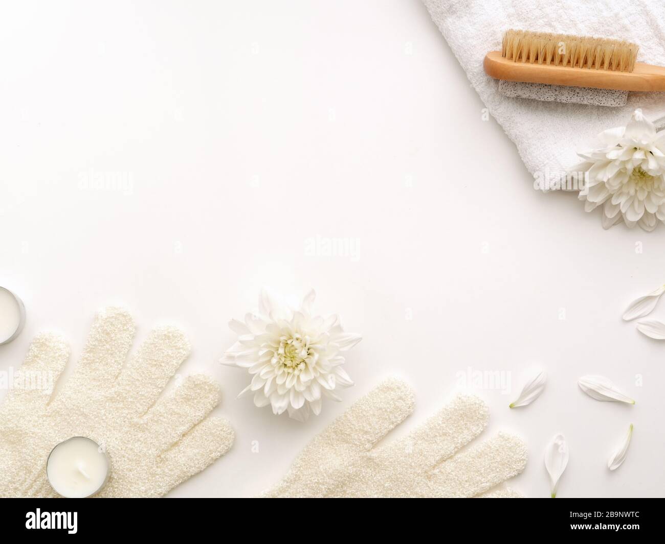 Spa Kit. Wooden brushes limestone stone heel, scrub gloves, towels ...