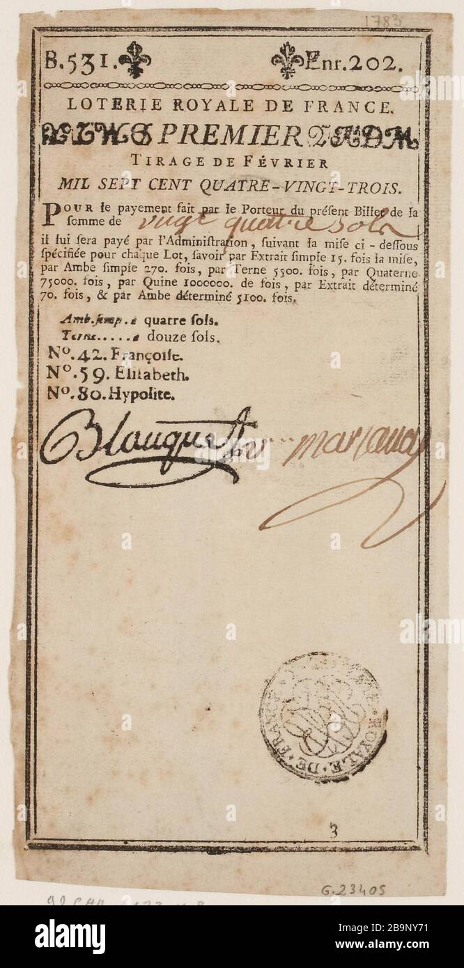 Ticket royal lottery of France. 1783 Stock Photo - Alamy