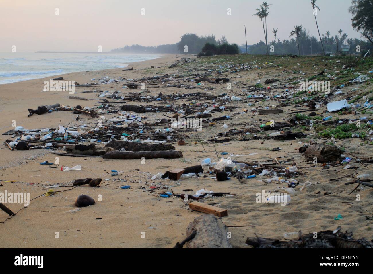 Rubish on the beach during Monsoon season at Rhu Dua Beach, Marang ...