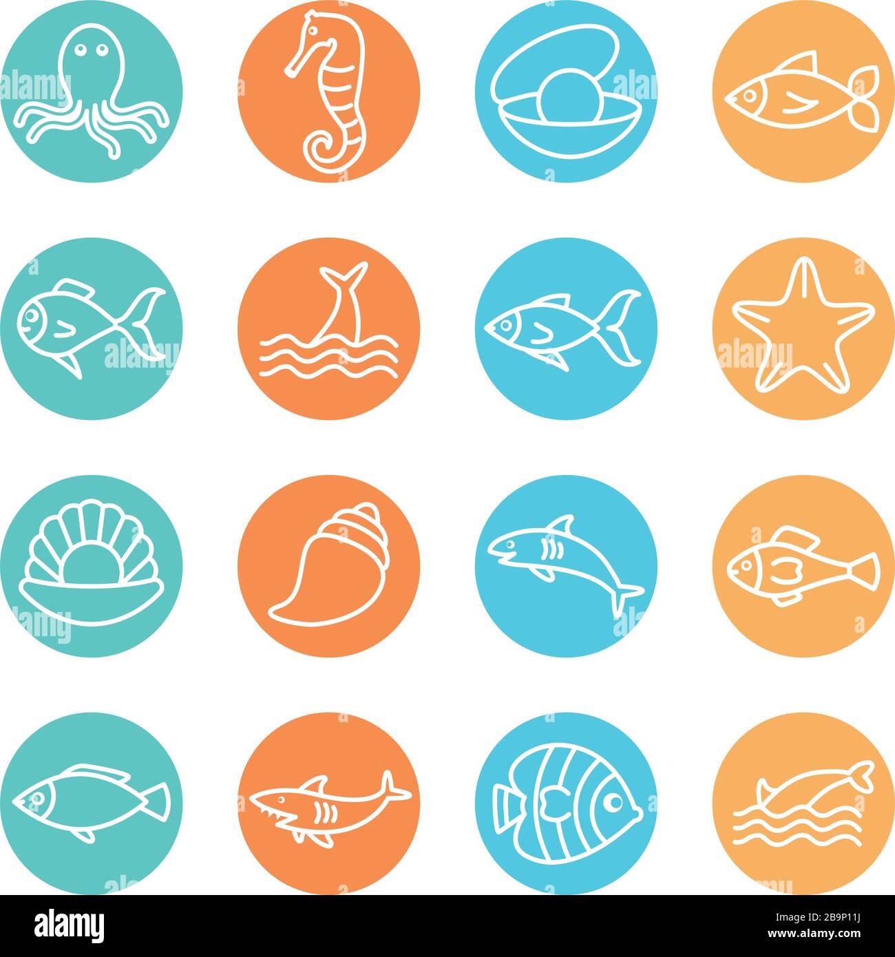 line block style icon set design Sea animals life ecosystem fauna ocean ...