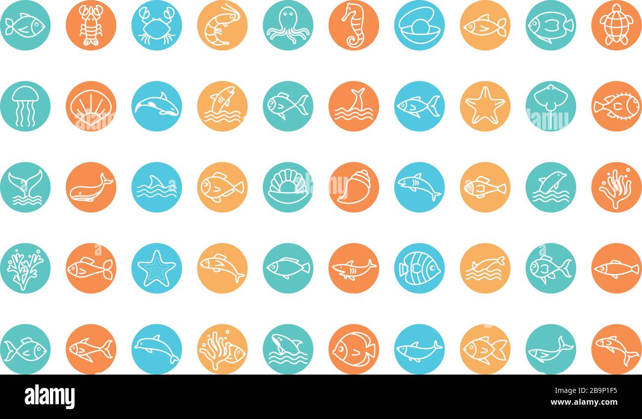 line block style icon set design Sea animals life ecosystem fauna ocean ...