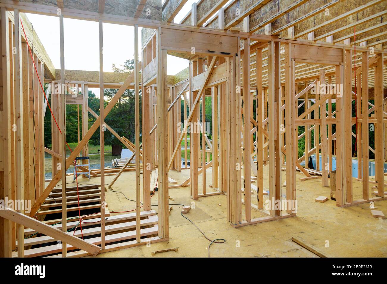New residential home framing interior view under construction new house ...