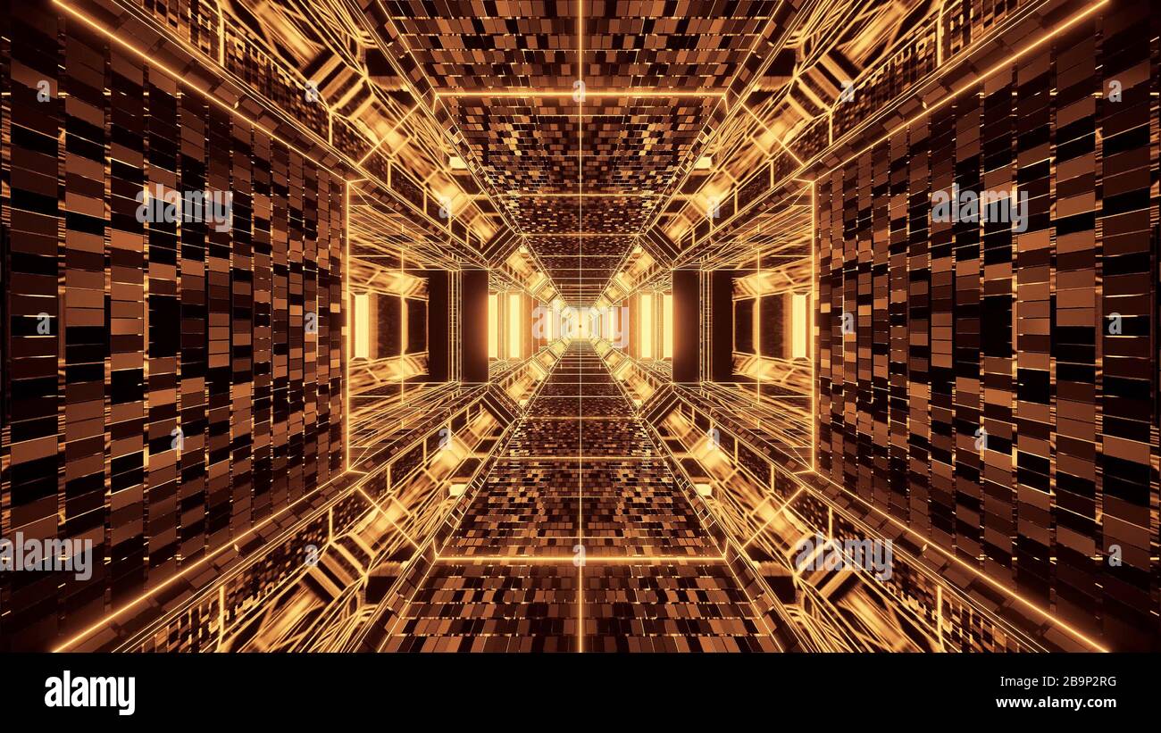Vivid abstract psychedelic corridor pattern for background with gold ...