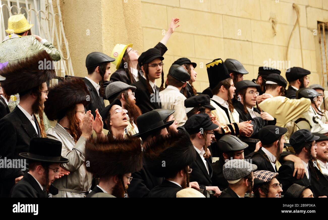 Purim festival celebrations in an Ultra Orthodox Yeshiva in Mea Shearim ...