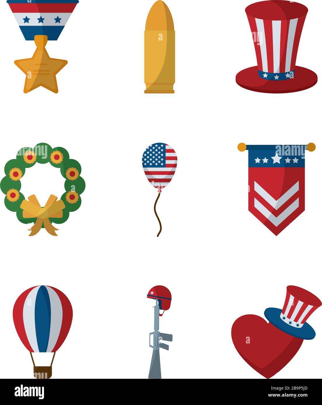 flat style icon set design, Memorial day holiday patriotic freedom ...