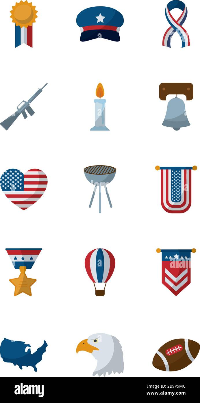 flat style icon set design, Memorial day holiday patriotic freedom ...